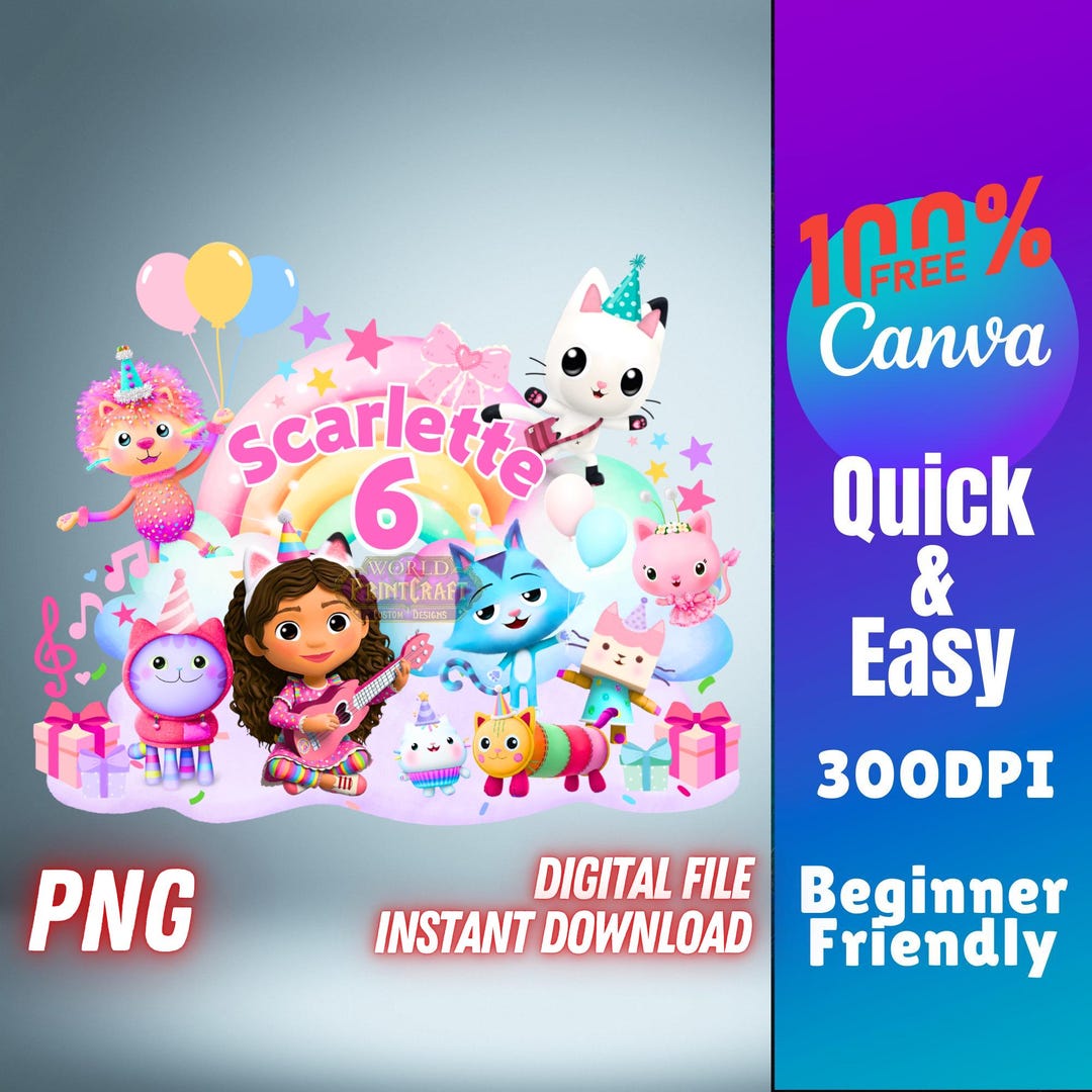 Gabbys Dollhouse Canva Template PNG Editable Birthday Shirt for Girls ...