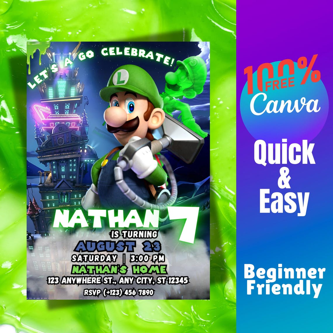Luigi’s Mansion Birthday Invitation Editable Canva Template Super Mario ...