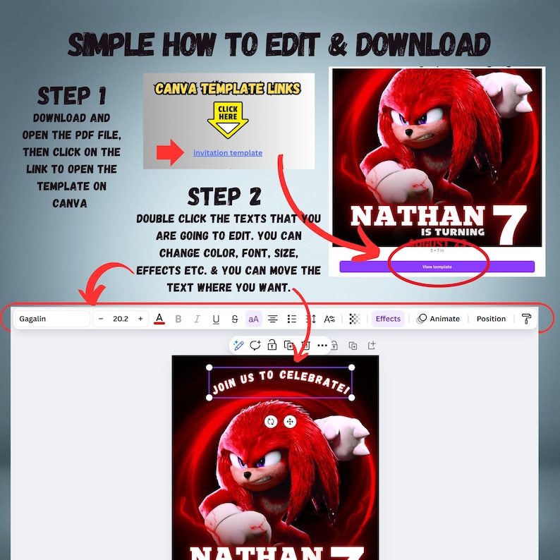 Knuckles Birthday Invitation Card, Canva Template, Sonic Theme Party ...