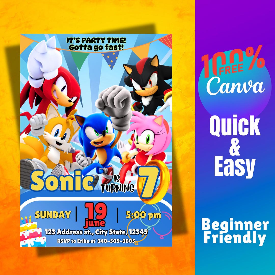 Editable Sonic the Hedgehog Birthday Invitation, Sonic Birthday ...
