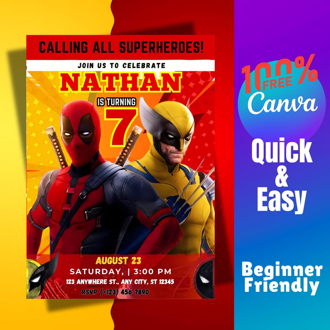 Deadpool & Wolverine Birthday Invitation Super Hero Bday Party Canva ...