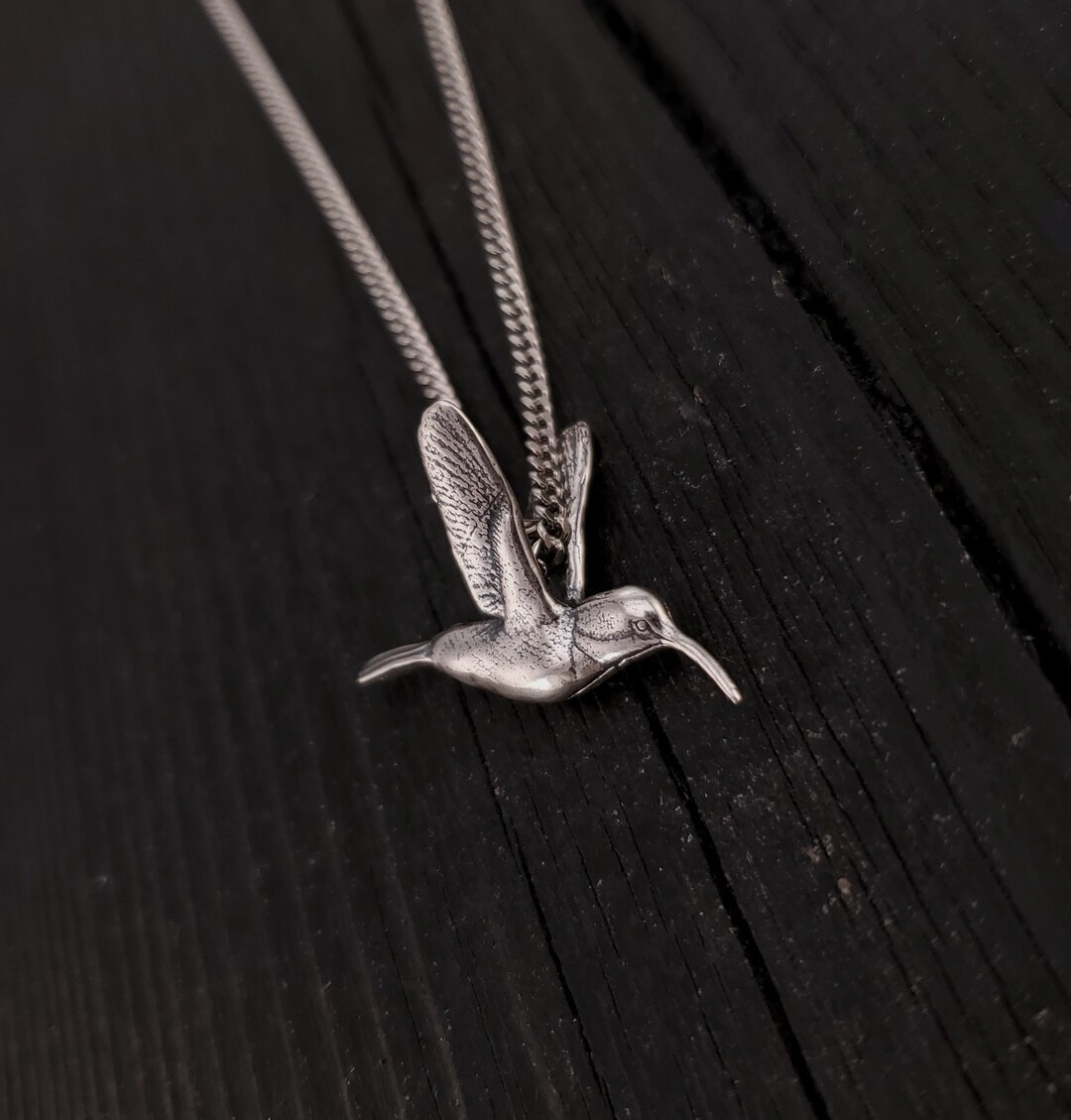 Hummingbird Charm Pendant Necklace - Solid Hand Cast 925 - Oxidized ...
