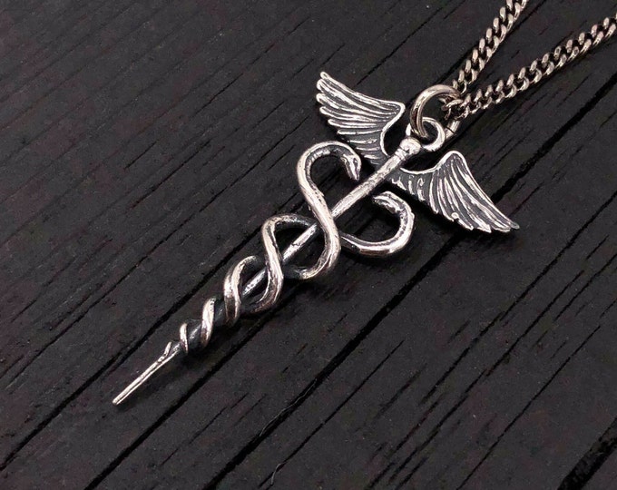 Caduceus Necklace in Solid Sterling Silver Medical Symbol | Etsy