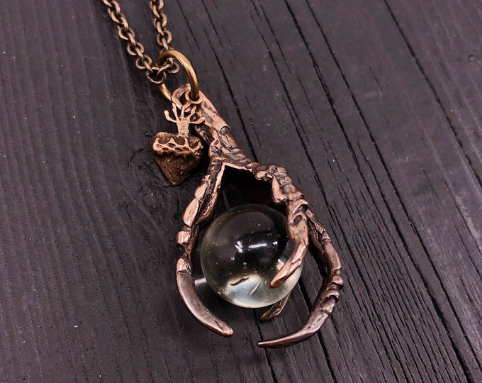 Raven Claw Necklace in Bronze With Sacred Heart and Crystal Orb - Etsy