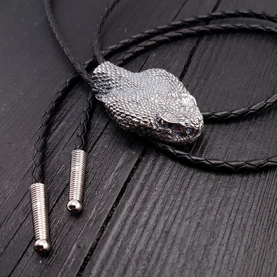 Silver Rattlesnake Bolo Tie: Stainless Steel Snake Head, Braided Cord ...
