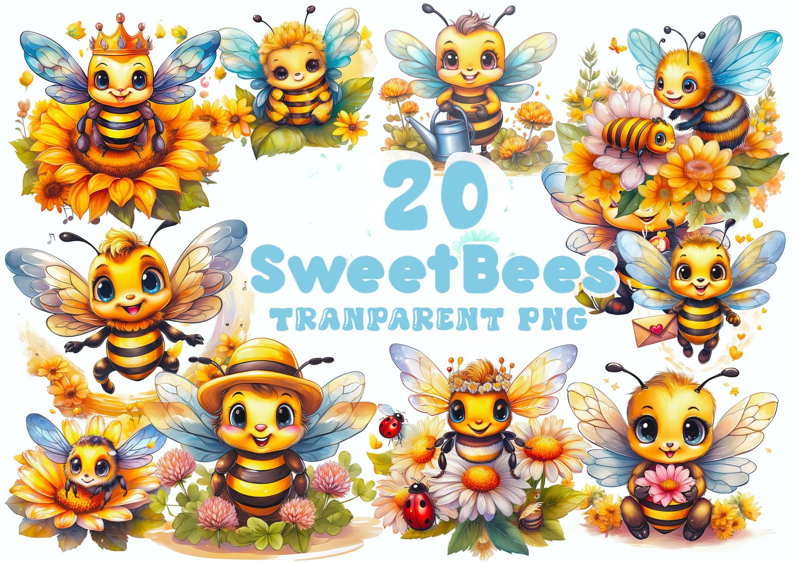 20 Cute Bees Clipart PNG Bundle - Sweet Cartoon Bees With Flowers ...