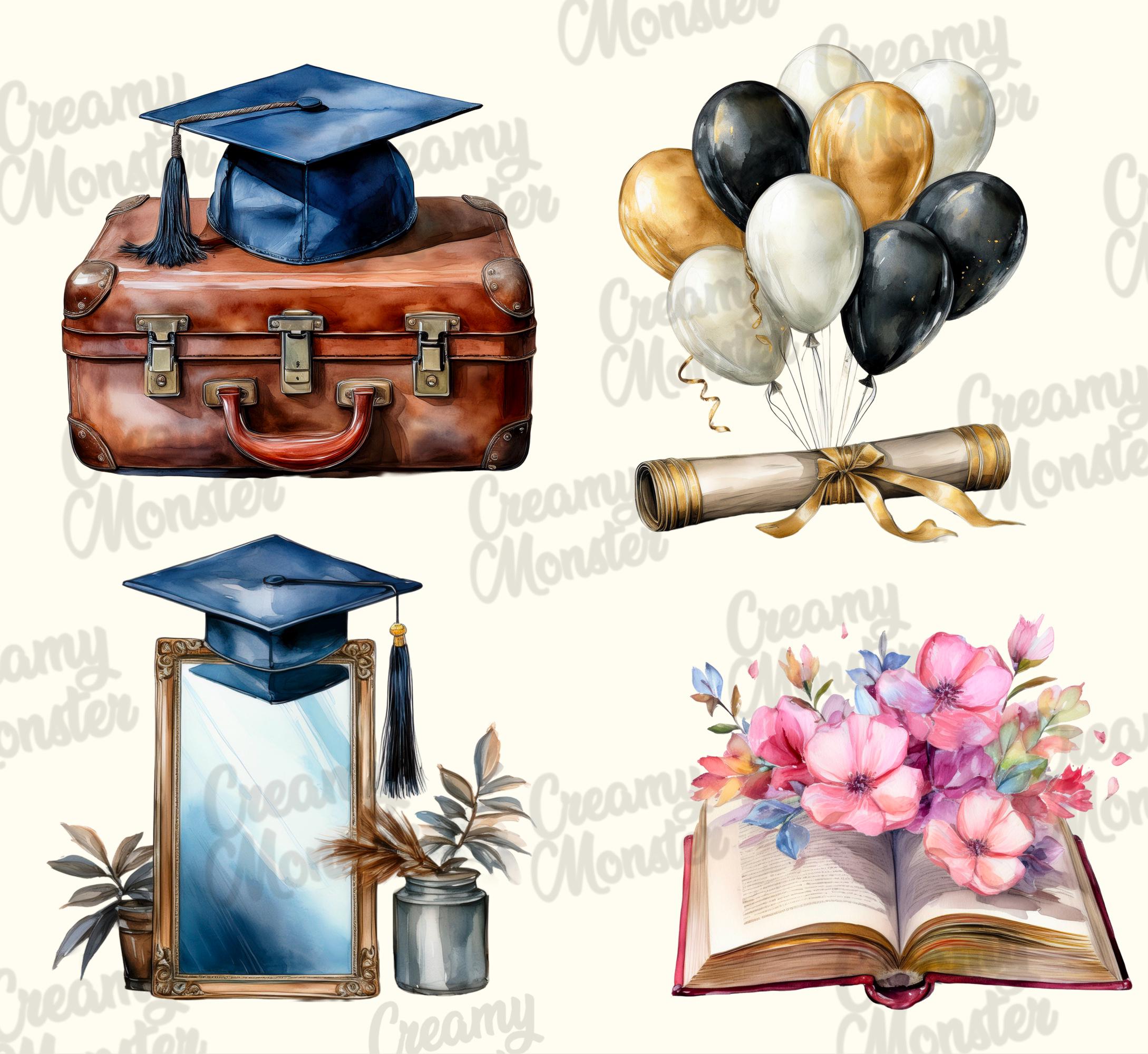 Graduation Clipart Set2 PNG | Watercolor Graduation Cap, Diploma ...