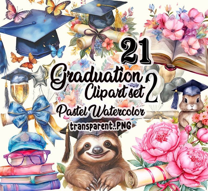 Graduation Clipart Set2 PNG | Watercolor Graduation Cap, Diploma ...