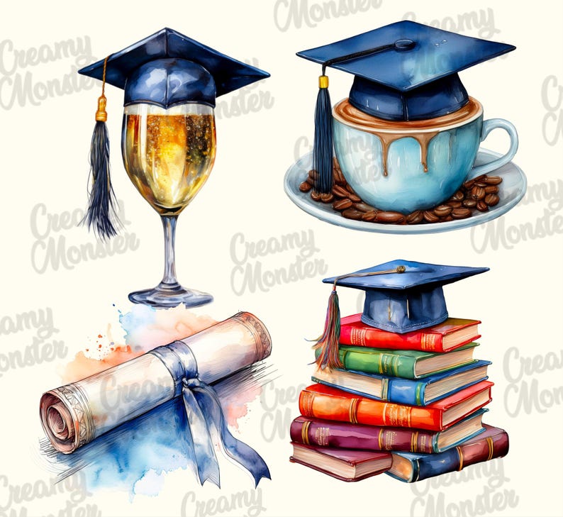 Graduation Clipart Set2 PNG | Watercolor Graduation Cap, Diploma ...