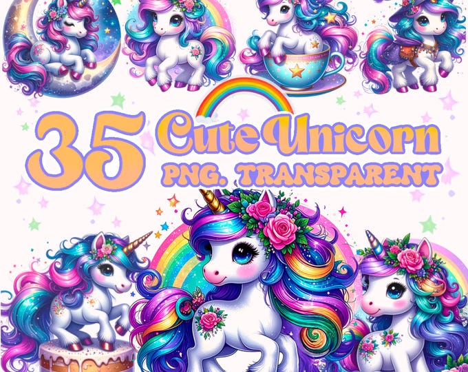 Kawaii Unicorn Cat Clipart Bundle, Unicornrainbow, Cute Printable ...