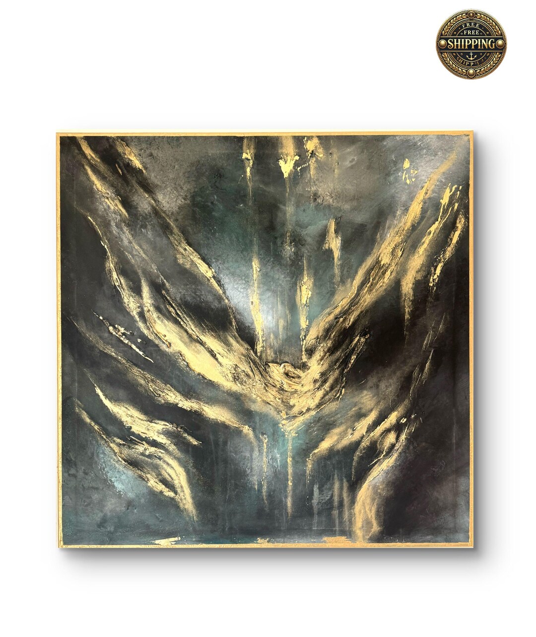 Abstract Acrylic Painting With Gold Accents – Dark Green, Black & Gold ...