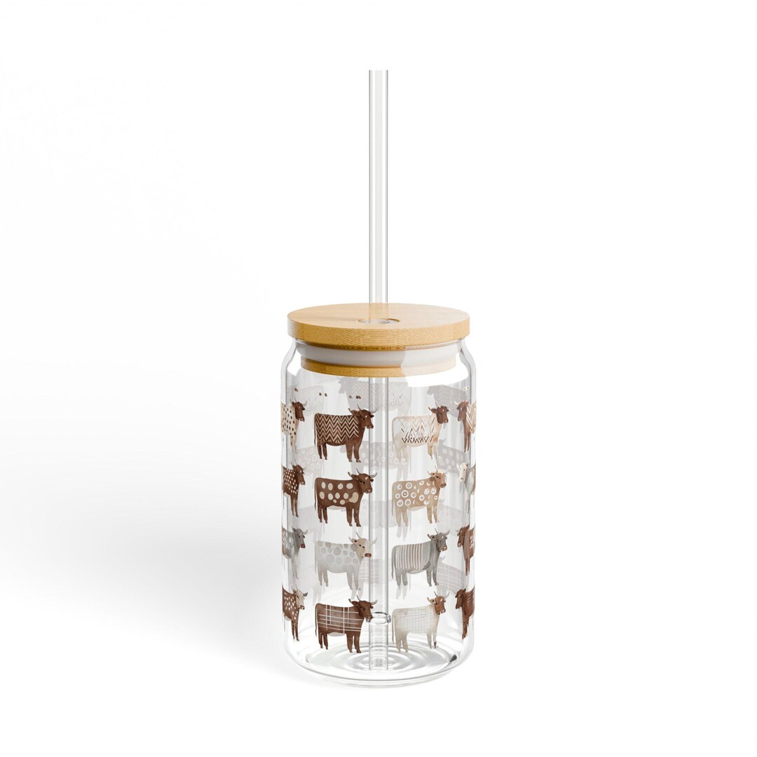 Cute Cow Design Sipper Glass | 16oz Farmhouse Style Drinkware ...