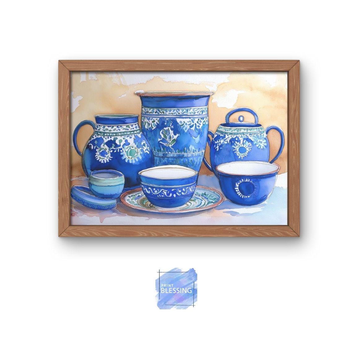 A Watercolor Painting of Vibrant Blue Pottery | Digital Art | Digital ...