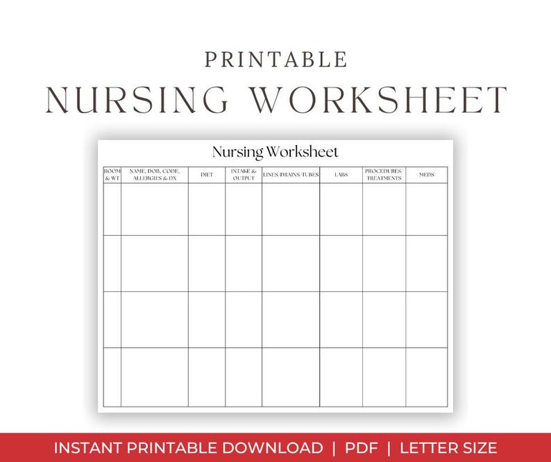 Simple Nursing Worksheet, Nurse Worksheet, Nursing Brain, Nurse Brain, Nursing Planner, Nurse ...