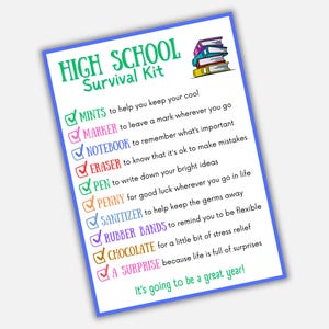 High School Survival Kit Gift Tag, First Day of School, Instant Digital ...