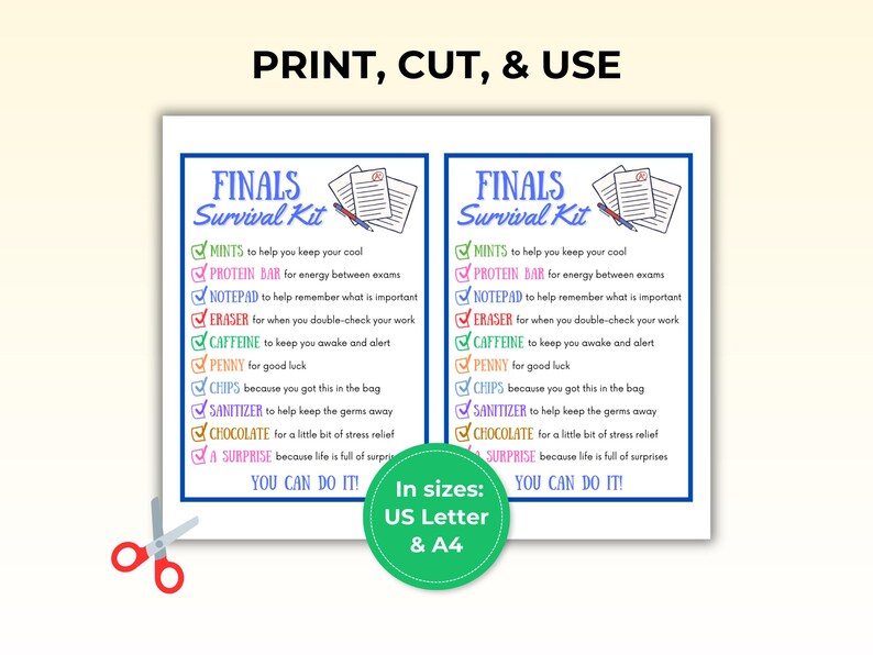 Finals Survival Kit Gift Tag, Finals Care Package, Exam Care Package ...