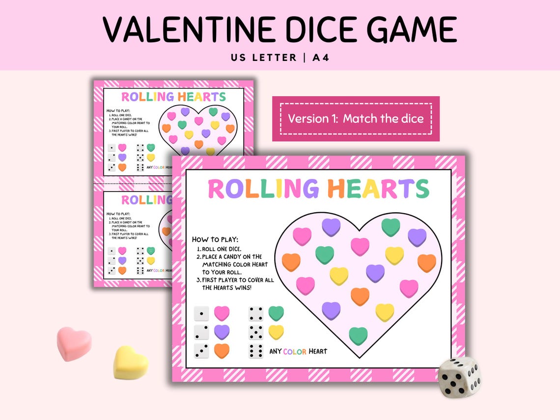 Valentine’s Day Dice Game, Roll-a-heart, Rolling Hearts, Valentine Day ...