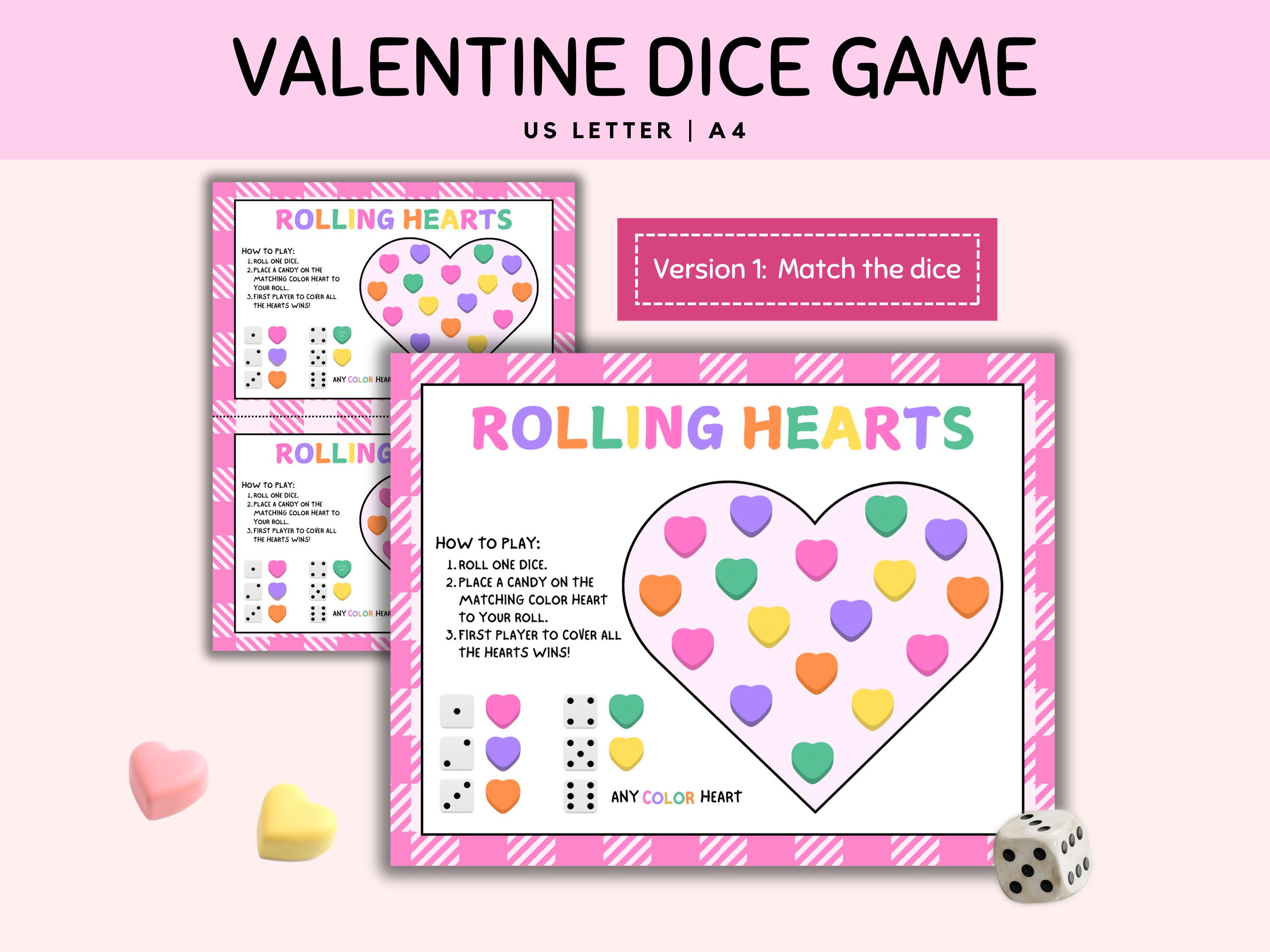 Valentine’s Day Dice Game, Roll-a-heart, Rolling Hearts, Valentine Day ...