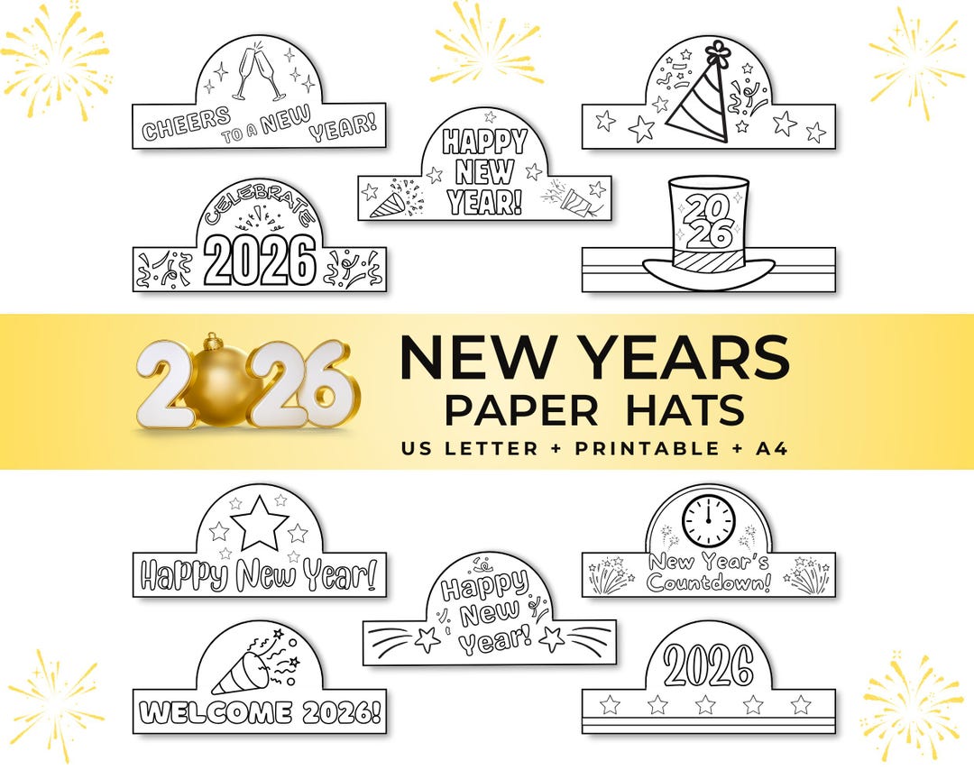 New Years Party Hat Coloring Craft, 2026 New Years Eve Paper Crown, New ...