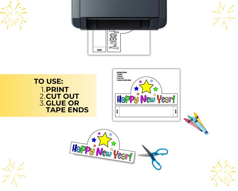New Years Party Hat Coloring Craft, 2026 New Years Eve Paper Crown, New ...