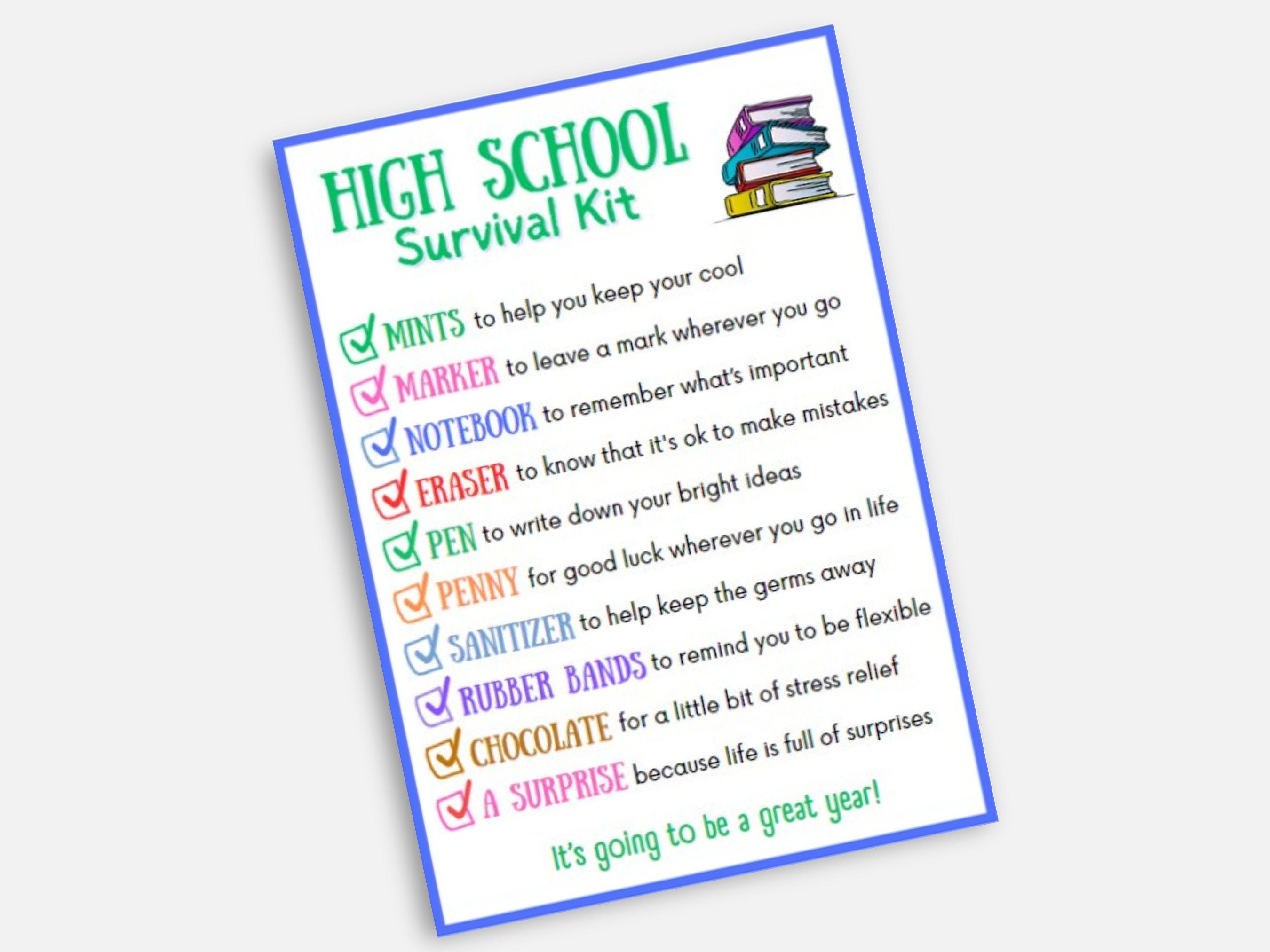 High School Survival Kit Gift Tag, First Day of School, Instant Digital ...