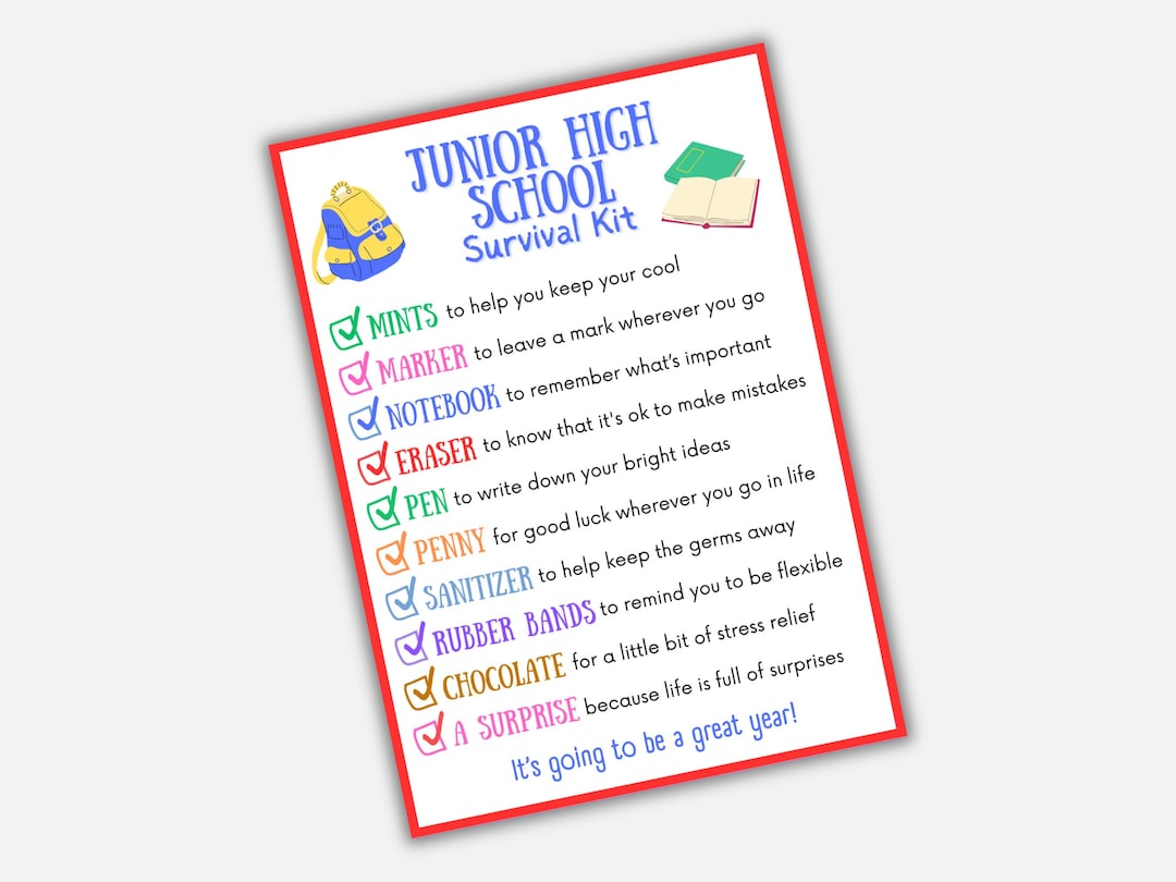 Junior High School Survival Kit Gift Tag, First Day of School, Instant ...