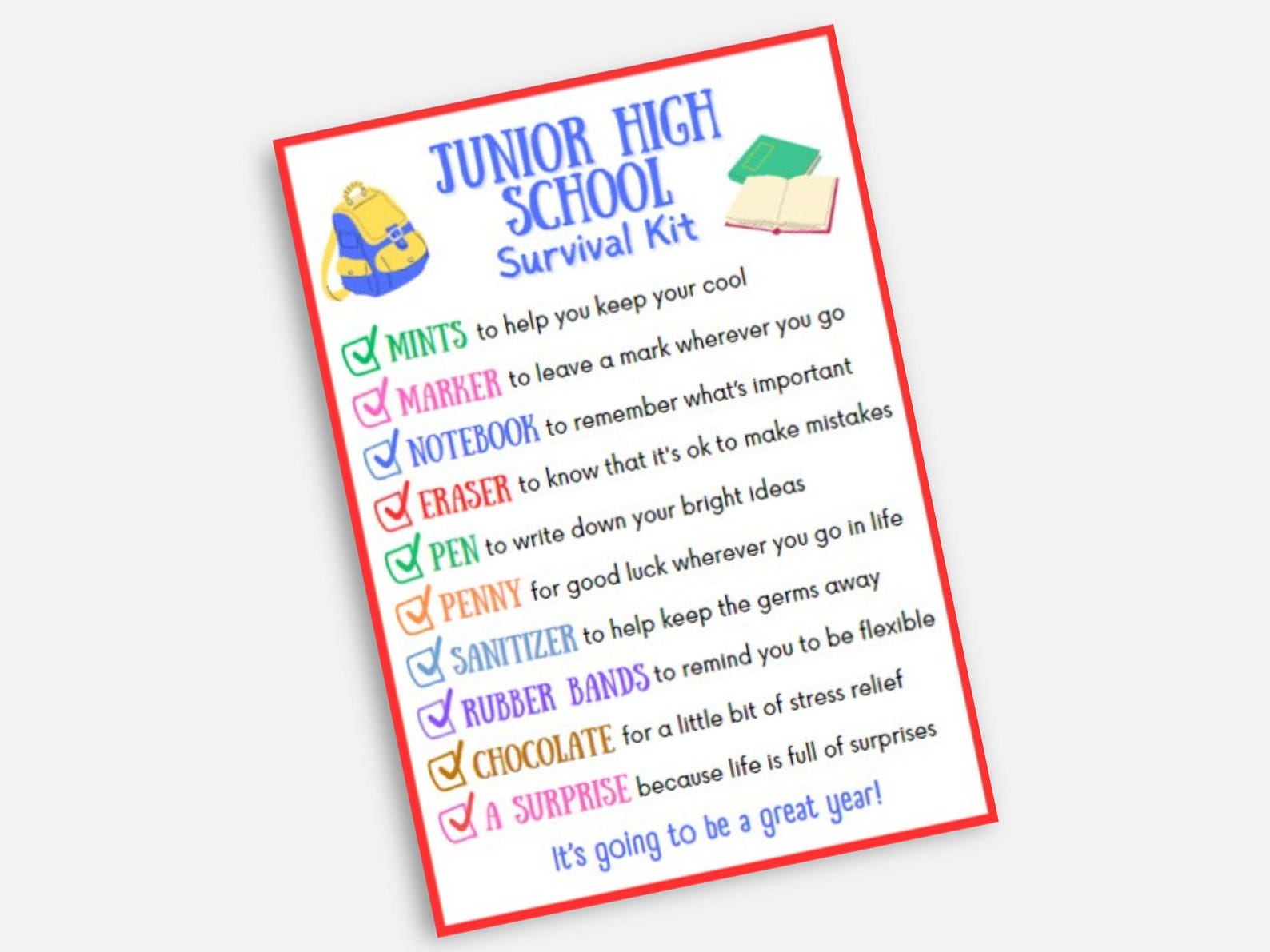 Junior High School Survival Kit Gift Tag, First Day of School, Instant ...