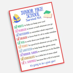Junior High School Survival Kit Gift Tag, First Day of School, Instant ...