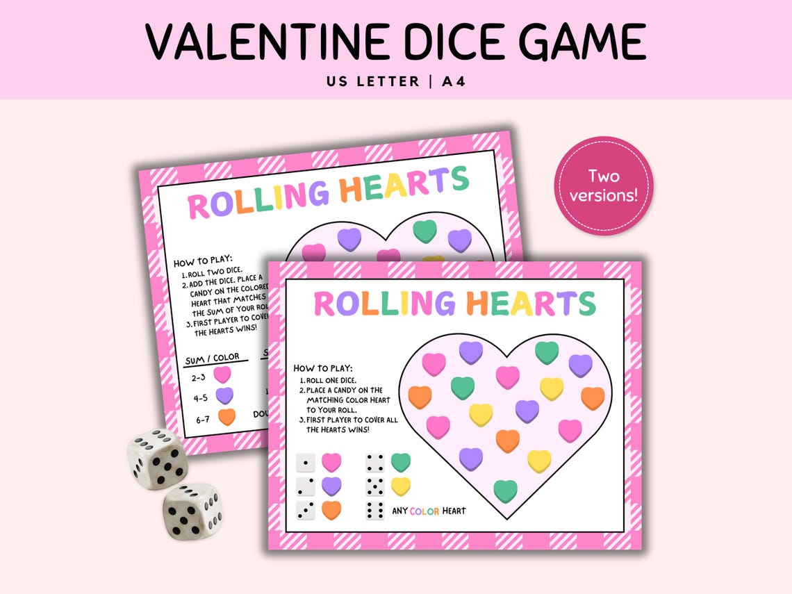 Valentine’s Day Dice Game, Roll-a-heart, Rolling Hearts, Valentine Day ...