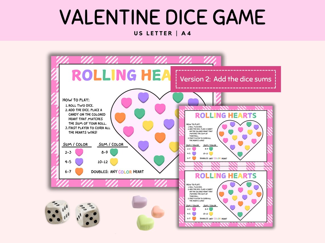 Valentine’s Day Dice Game, Roll-a-heart, Rolling Hearts, Valentine Day ...