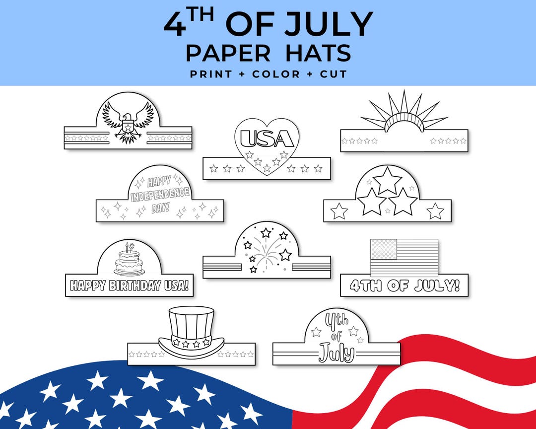 4th of July Paper Hat Coloring Craft, July 4th Paper Crown Template ...