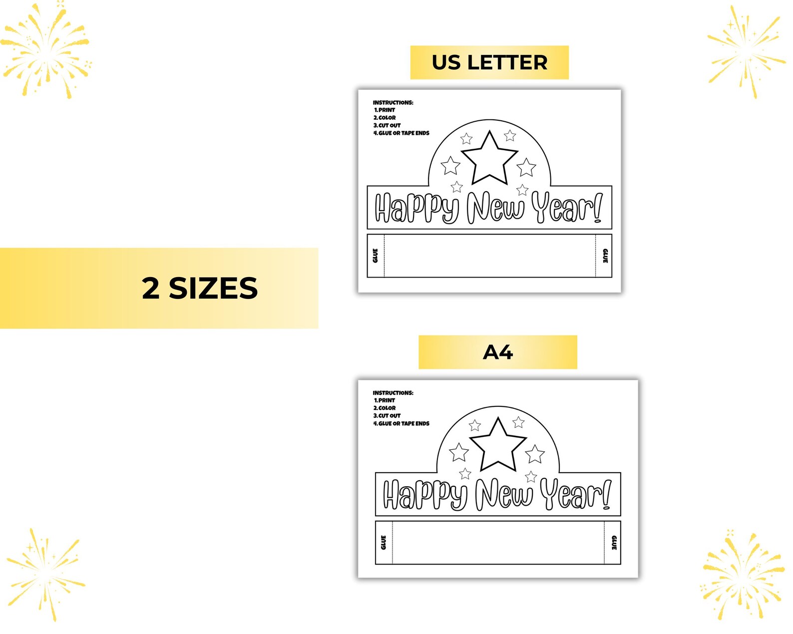 New Years Party Hat Coloring Craft, 2026 New Years Eve Paper Crown, New ...