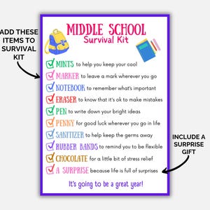 Middle School Survival Kit Gift Tag, First Day of School, Instant ...