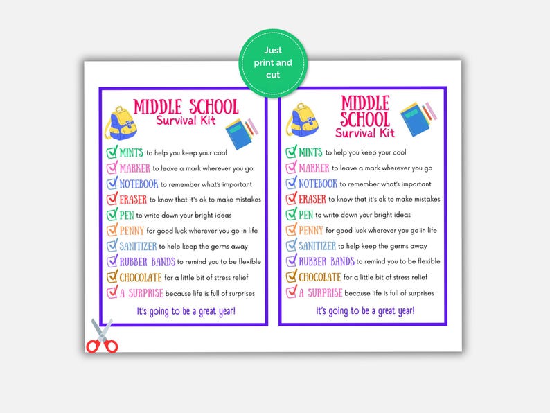 Middle School Survival Kit Gift Tag, First Day of School, Instant ...