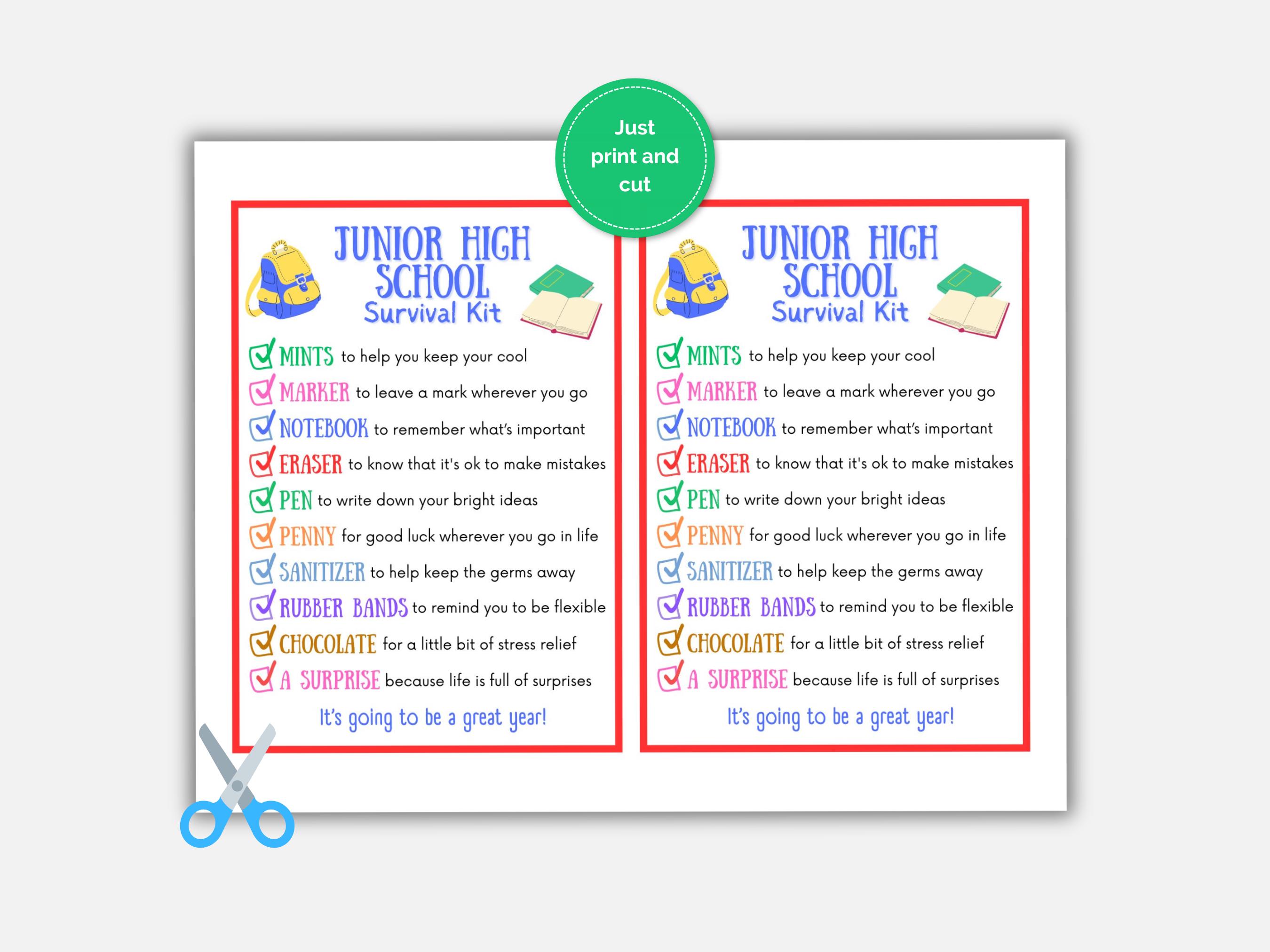 Junior High School Survival Kit Gift Tag, First Day of School, Instant ...