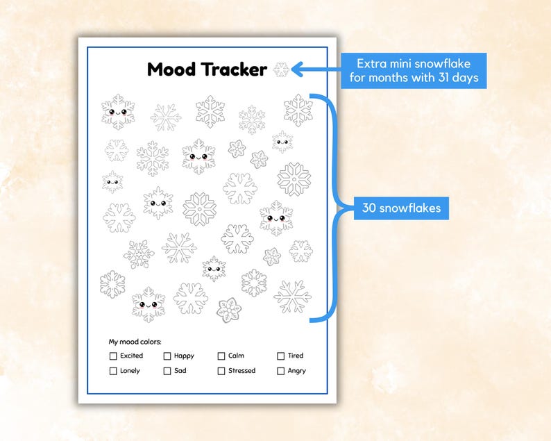 Snowflake Mood Tracker Printable, Kawaii January Mood Tracker, Winter ...