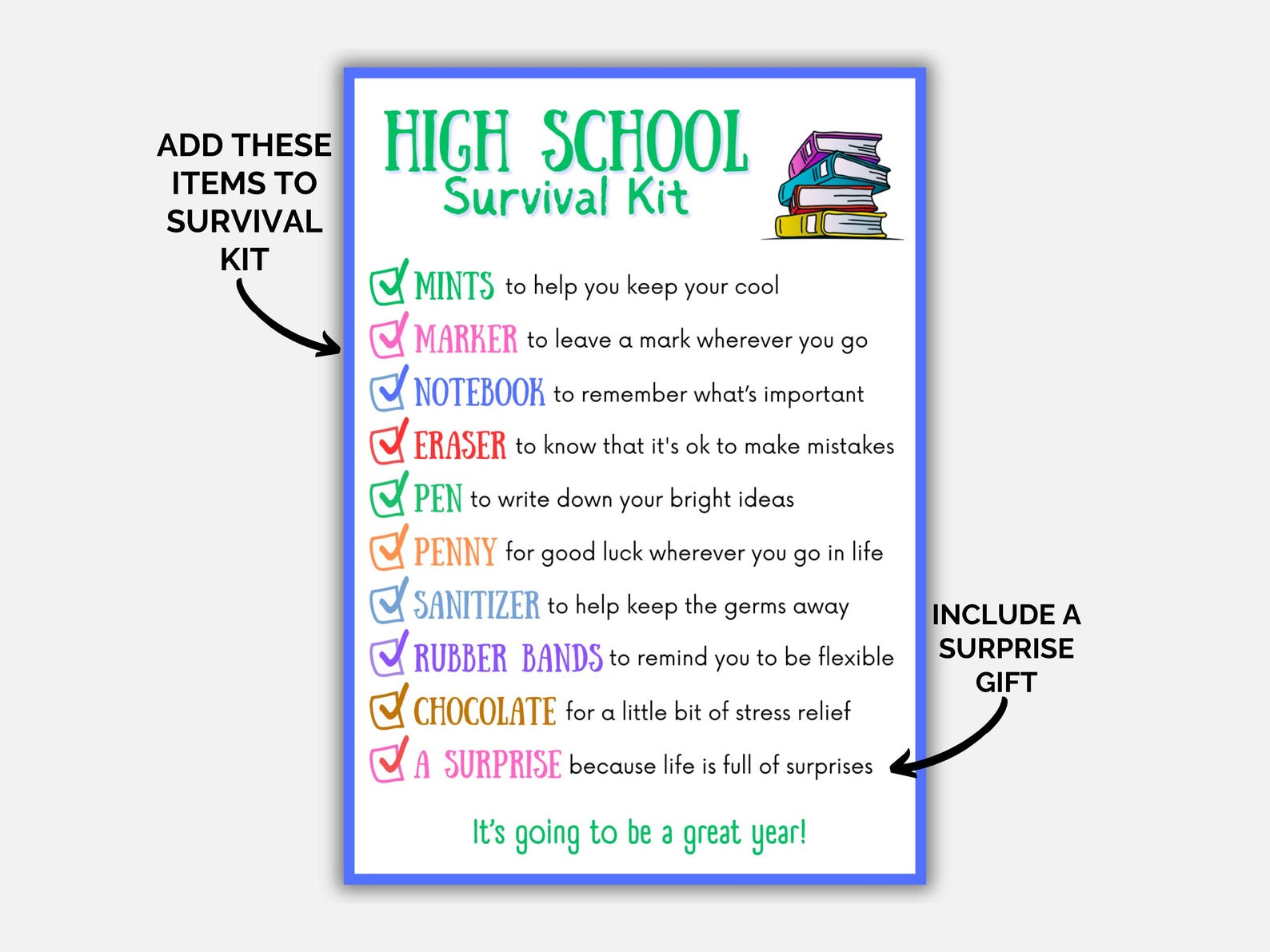 High School Survival Kit Gift Tag, First Day of School, Instant Digital ...