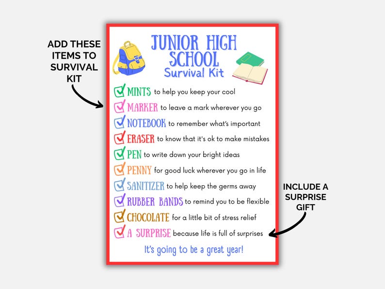 Junior High School Survival Kit Gift Tag, First Day of School, Instant ...