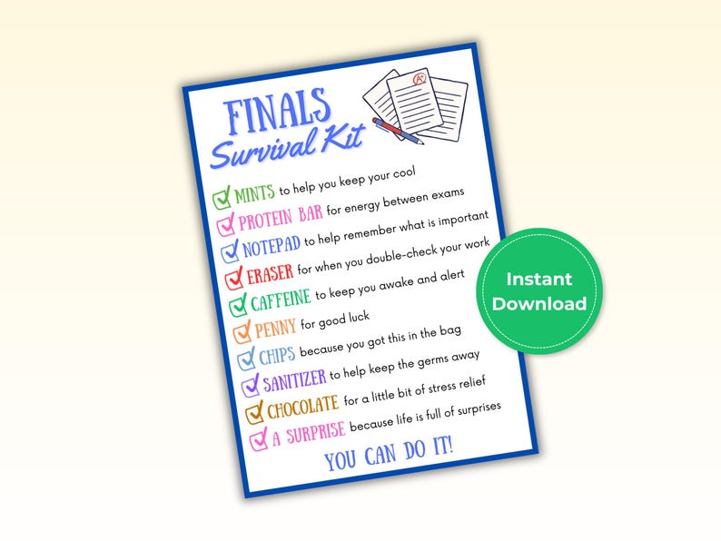 Finals Survival Kit Gift Tag, Finals Care Package, Exam Care Package ...