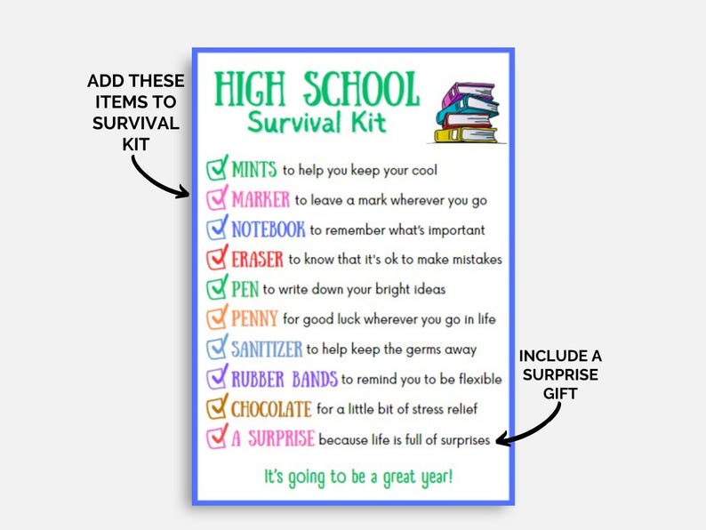 High School Survival Kit Gift Tag, First Day of School, Instant Digital ...