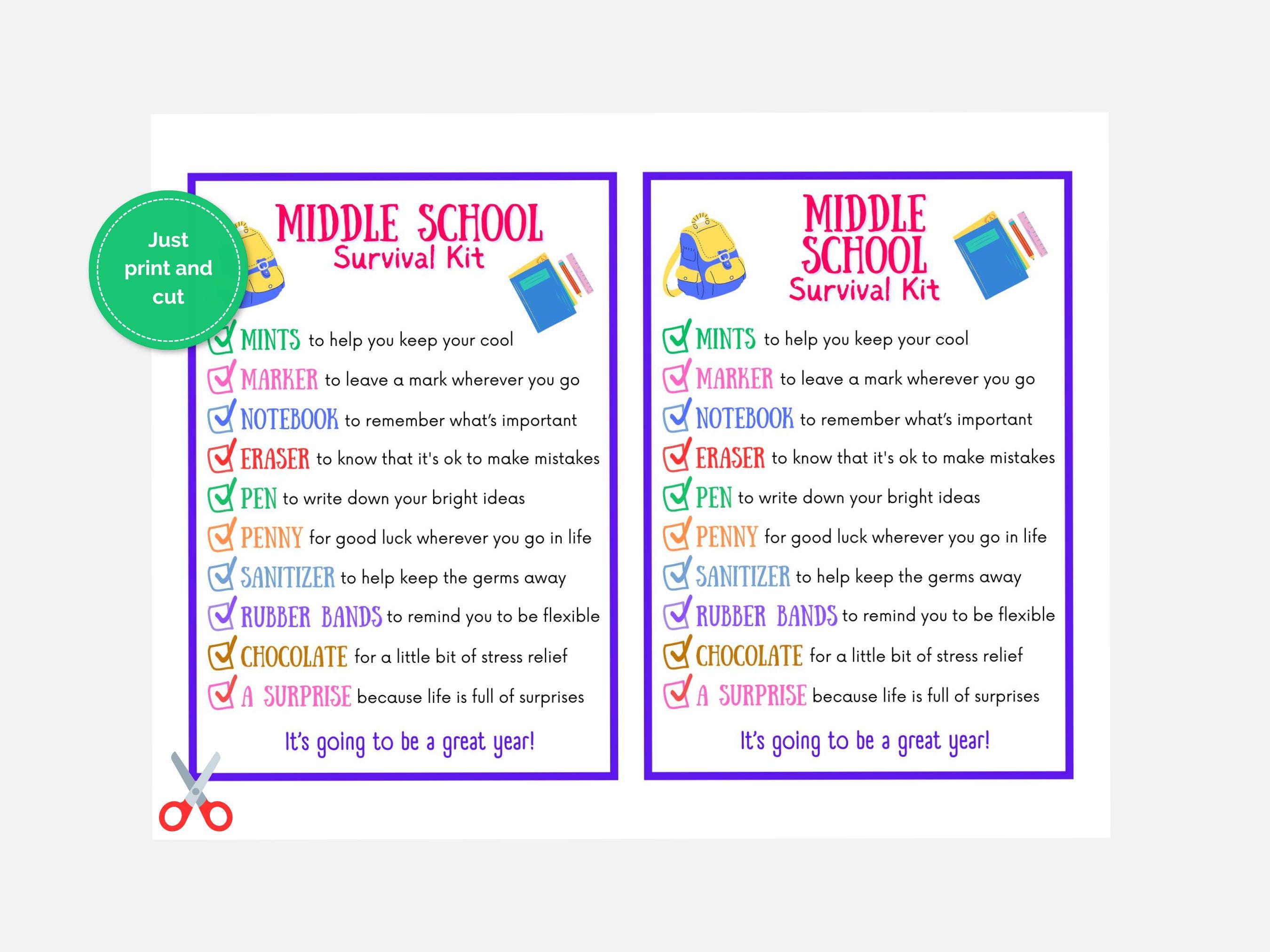 Middle School Survival Kit Gift Tag, First Day of School, Instant ...