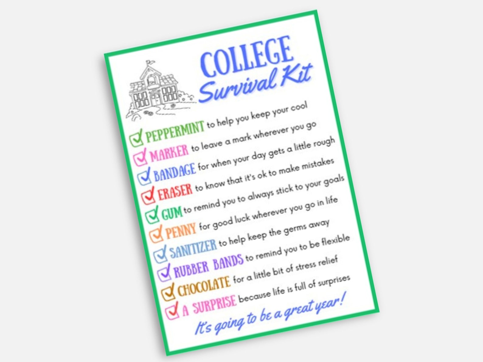 College Survival Kit Gift Tag, Welcome to College, 5x7” Printable ...