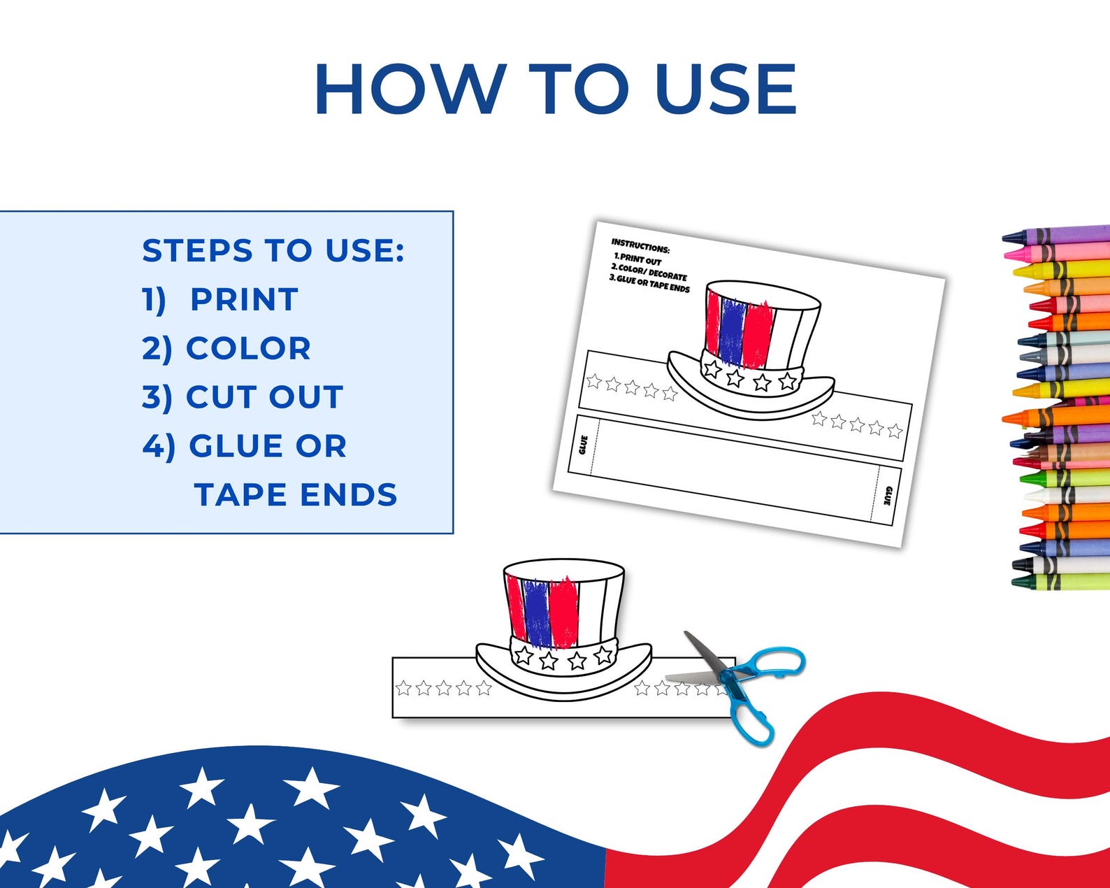 4th of July Paper Hat Coloring Craft, July 4th Paper Crown Template ...