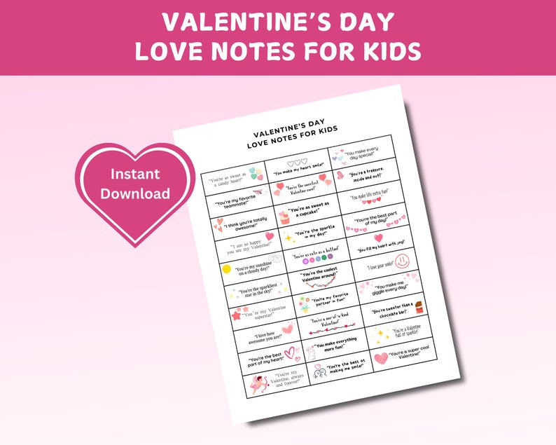 Valentine’s Day Love Notes for Kids, February Lunch Box Notes, Kids ...