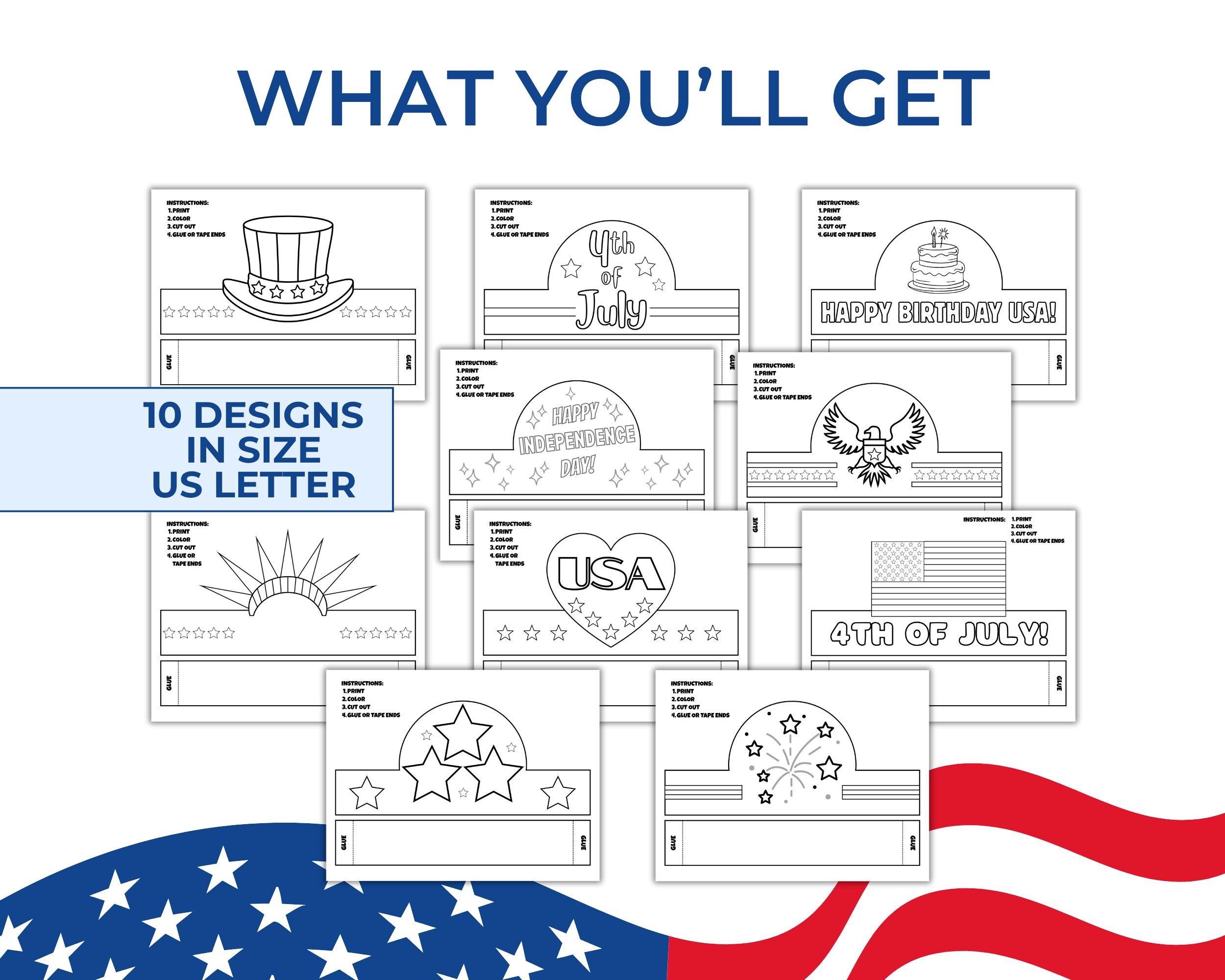 4th of July Paper Hat Coloring Craft, July 4th Paper Crown Template ...