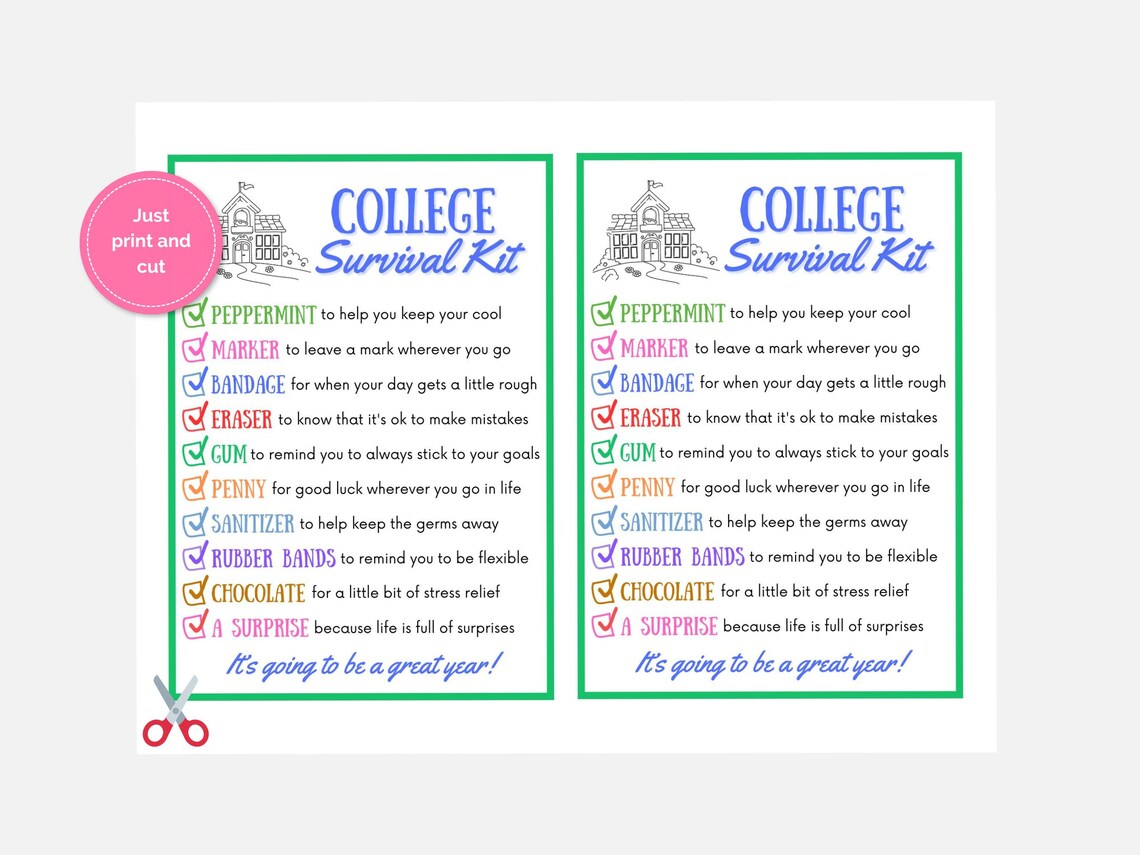 College Survival Kit Gift Tag, Welcome to College, 5x7” Printable ...