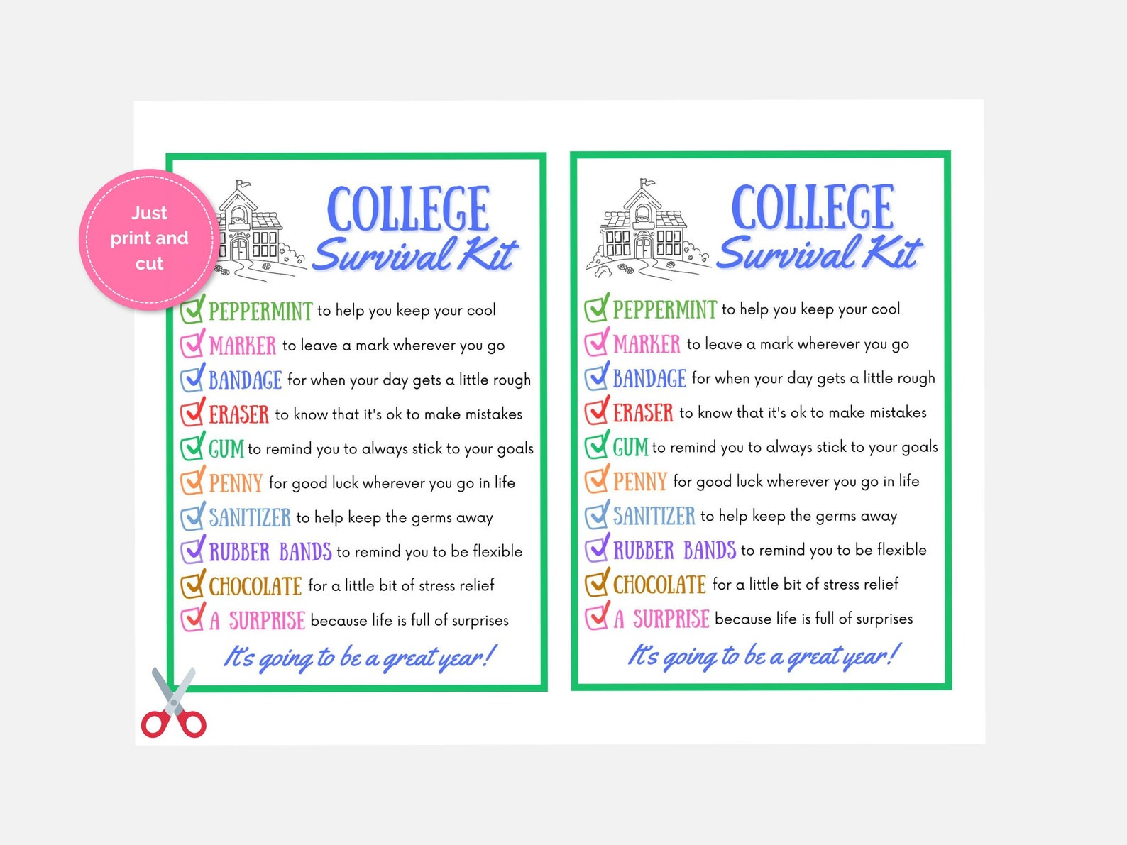 College Survival Kit Gift Tag, Welcome to College, 5x7” Printable ...