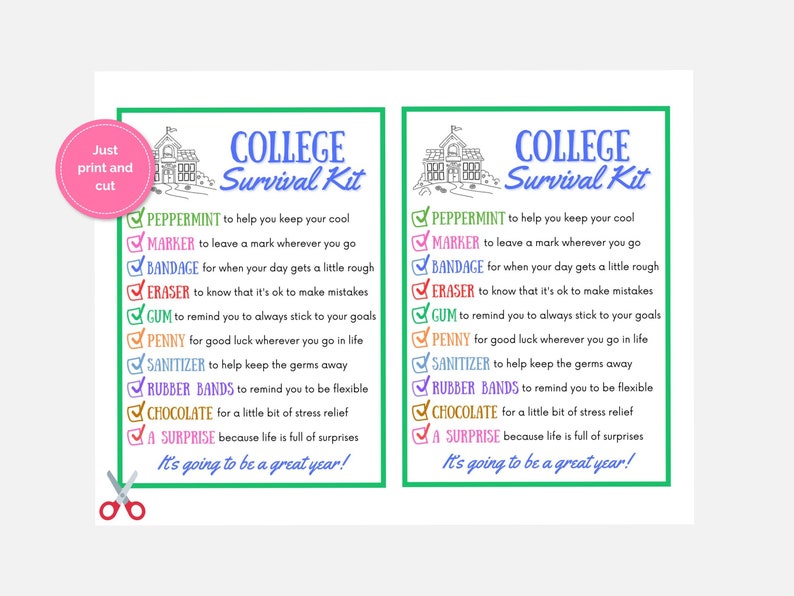 College Survival Kit Gift Tag, Welcome to College, 5x7” Printable ...