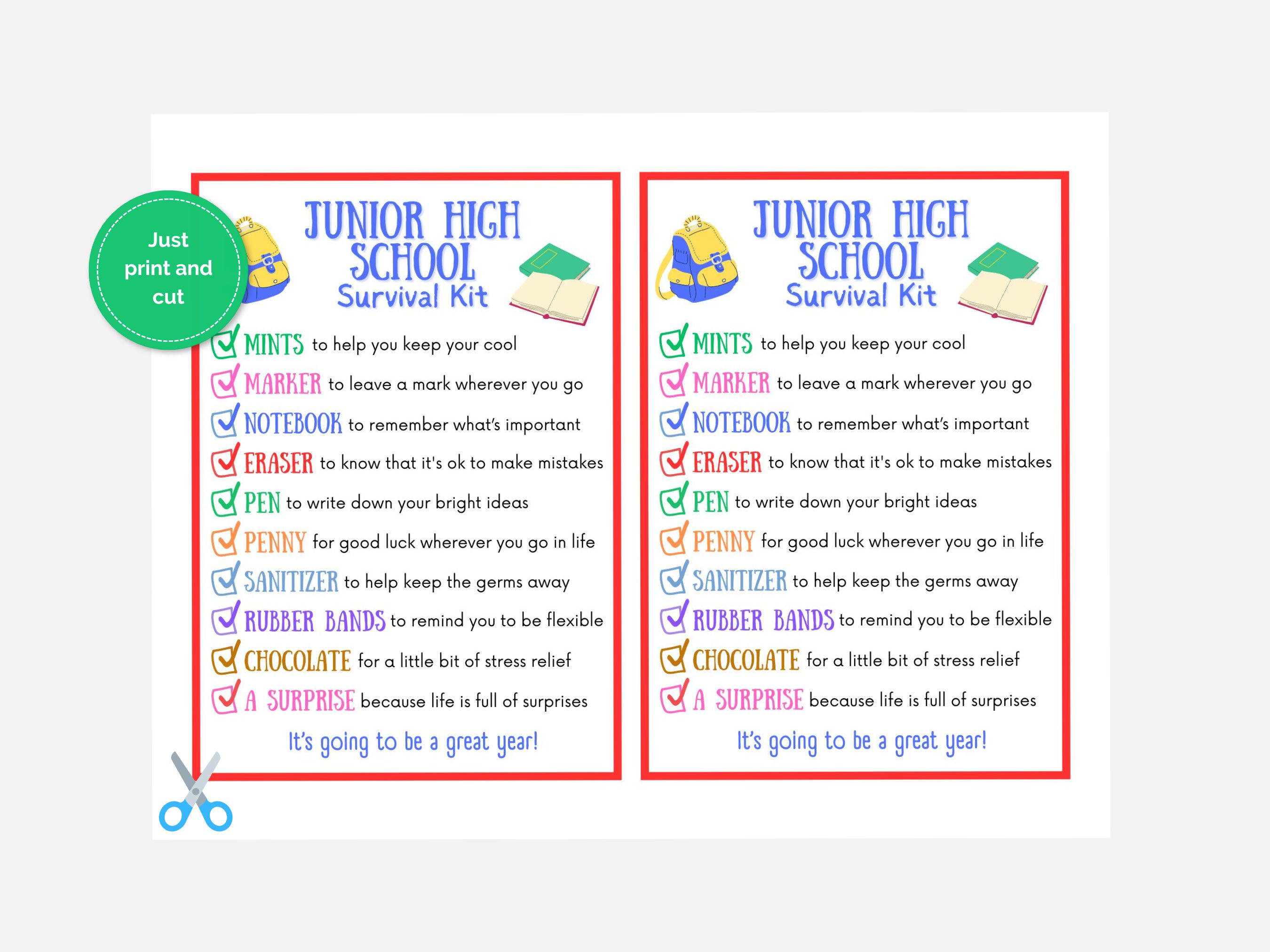 Junior High School Survival Kit Gift Tag, First Day of School, Instant ...