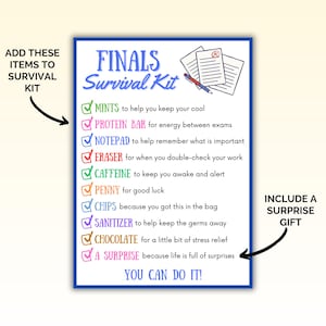 Finals Survival Kit Gift Tag, Finals Care Package, Exam Care Package ...